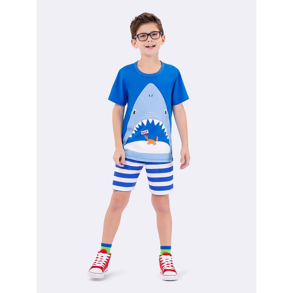 Pijama Manga Curta Infantil Tubarão Com Mochila Useveggi